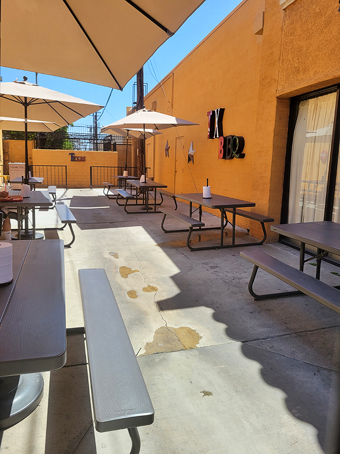 The outdoor seating area&mdash;where picnic tables under umbrellas invite you to enjoy your barbecue treasures in the California sunshine.