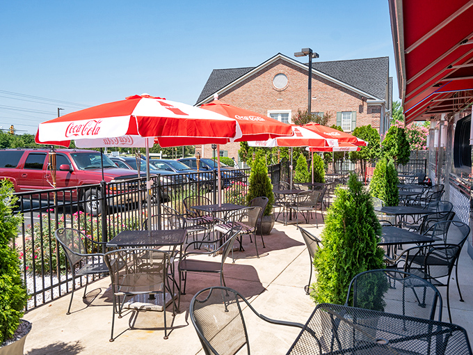 The outdoor patio with its cheerful red umbrellas offers al fresco dining with a side of people-watching. Summer evenings were made for this.