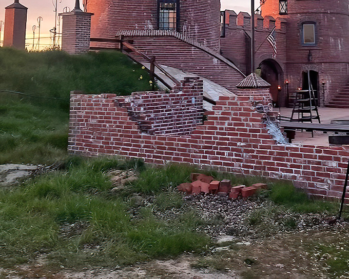 Sunset bathes the castle walls in golden light, transforming ordinary brick into something magical. Even half-finished walls tell a story of extraordinary vision.