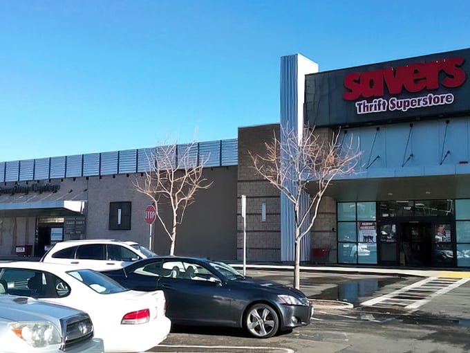 Modern storefront architecture houses vintage dreams, where parking spaces lead to shopping space adventures.