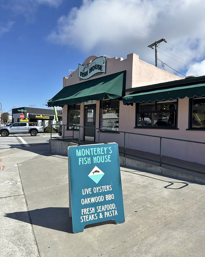 The sidewalk sign promises treasures within&mdash;like a modern-day "X marks the spot" for hungry seafood hunters.