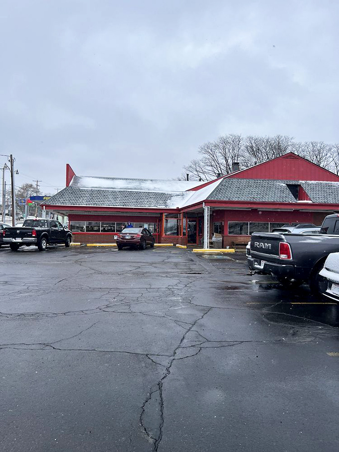 Even on a gray Ohio day, the red-roofed diner promises warmth, comfort, and pancakes the size of your face.