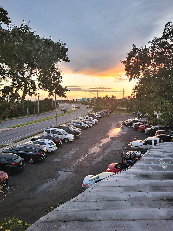 Sunset views worth saving room for. From Norwood's elevated perch, even the parking lot transforms into a canvas of Florida twilight magic.