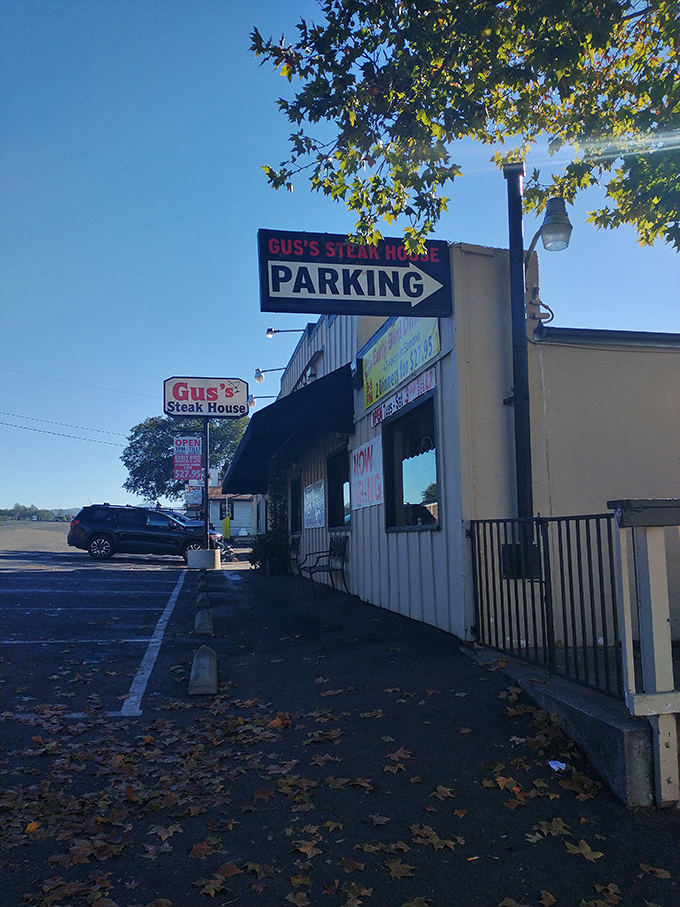 Fall leaves scatter across the parking area like nature's welcome mat. When you see this view, you know you're minutes away from the kind of meal worth driving for.