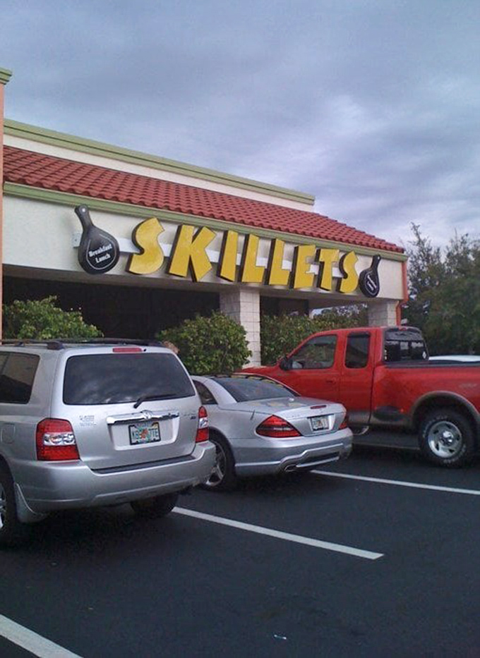 The sign says Skillets, but the full parking lot tells the real story – this is where Naples comes for breakfast worth leaving home for.