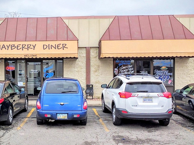 The parking lot view that locals know well &ndash; where regular customers can spot their favorite server's car and know breakfast will be good. 