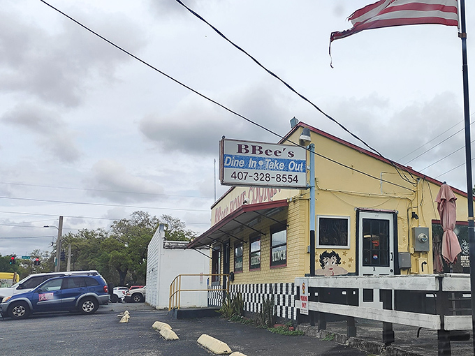 The American flag waves proudly over this unassuming treasure. BBee's modest exterior hides the extraordinary breakfast experience waiting inside.