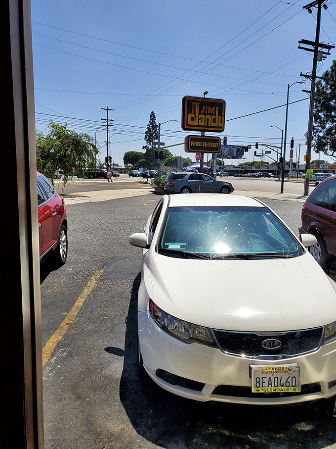 The view from inside: where cars line up for what might be the best chicken-related decision of their day.