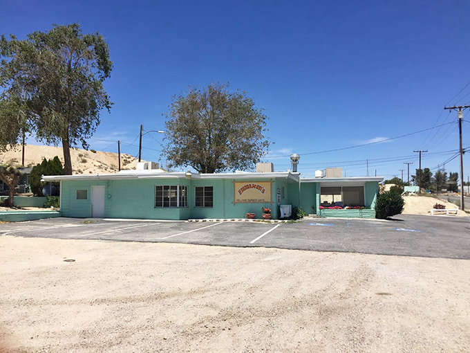 The desert backdrop reminds you that finding this turquoise oasis of comfort food is like discovering buried treasure without needing a map.