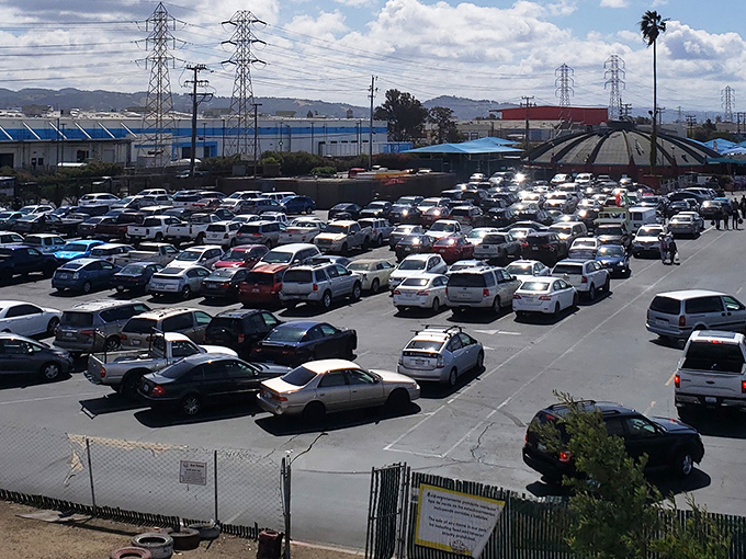 The packed parking lot tells the real story &ndash; this isn't just shopping, it's a community event. Oakland's weekend ritual involves wheels and deals.