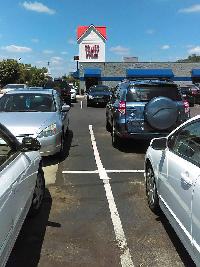 The parking lot view reveals Valley Thrift's distinctive red-topped entrance. Cars gather like eager bargain hunters themselves, waiting for treasures inside.