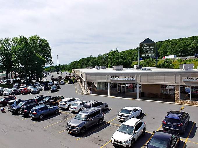 The parking lot view reveals the true scale of this shopping mecca. Where finding your car later becomes the final challenge of your bargain-hunting adventure.