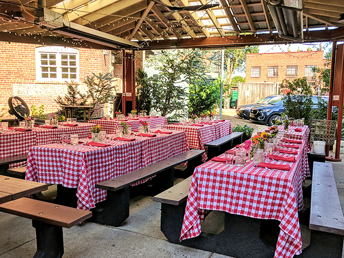 The outdoor patio with its red-checkered tablecloths channels Italian countryside charm in the heart of North Carolina&mdash;al fresco dining at its most inviting.