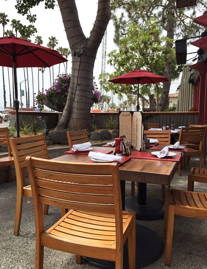 Outdoor dining under palm trees and red umbrellas. This is why people pay California rent prices and never leave.