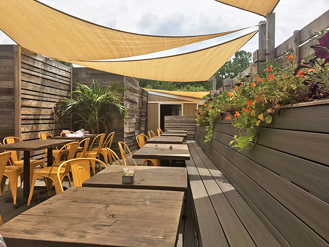 The secret garden of dining&mdash;where shade sails and planters create an outdoor oasis perfect for pancakes on pleasant Pennsylvania mornings.