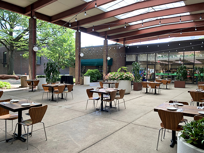 Dappled sunlight, gentle breezes, and tables awaiting their next guests&mdash;Zahav's patio promises dining with a side of serenity.