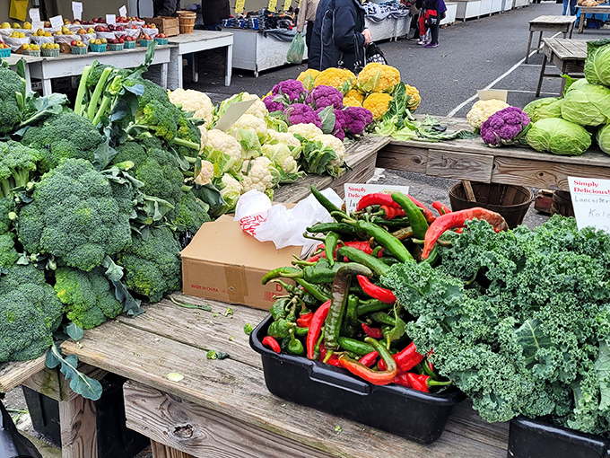 Farm-fresh produce arranged with more care than most people put into their living room decor. These vegetables were probably in the ground yesterday, plotting their market debut.