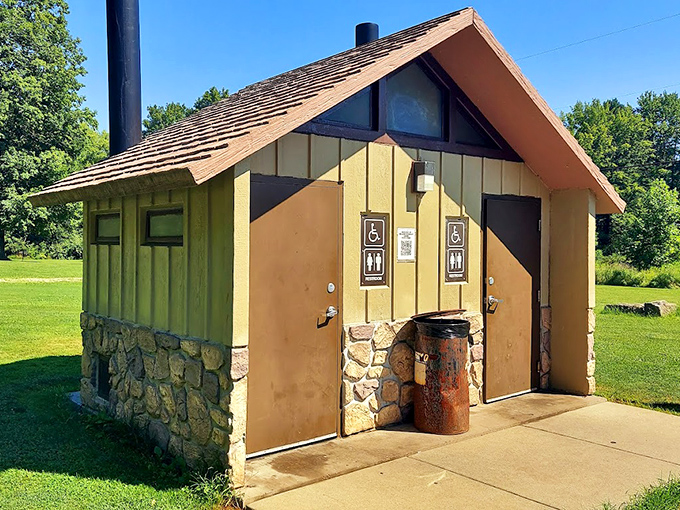 Even in wilderness, civilization provides its comforts&mdash;a restroom that makes "going in the woods" a purely optional adventure.