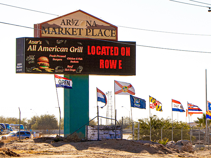 The marketplace sign stands as a beacon for bargain hunters and treasure seekers&mdash;complete with the promise of burgers when shopping fatigue sets in.