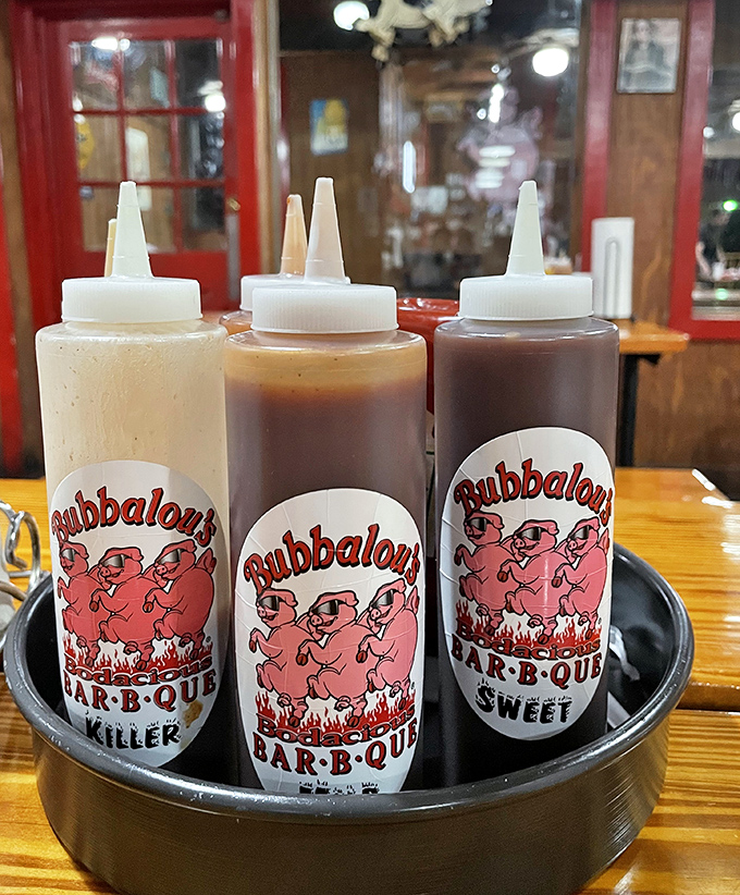 The holy trinity of sauces&mdash;each squeeze bottle a different path to flavor enlightenment. Choose your adventure or try all three. No judgment here.