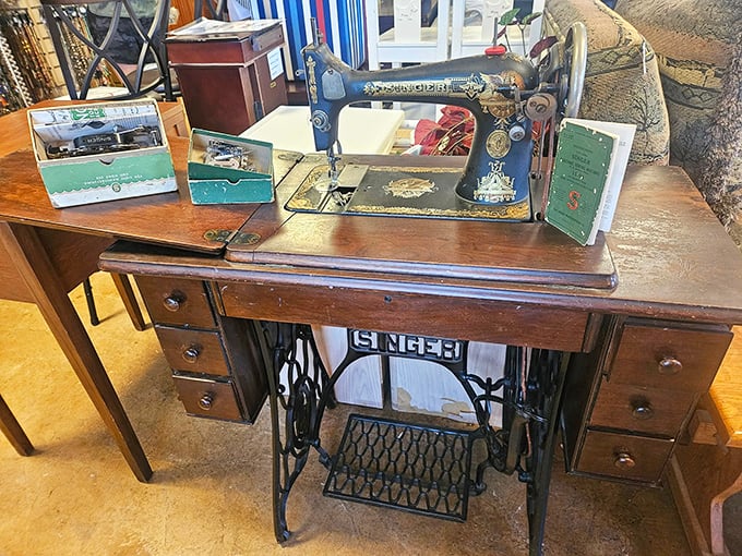 This vintage Singer sewing machine tells stories of garments past. Craftsmanship from another era, ready for a new creative chapter.