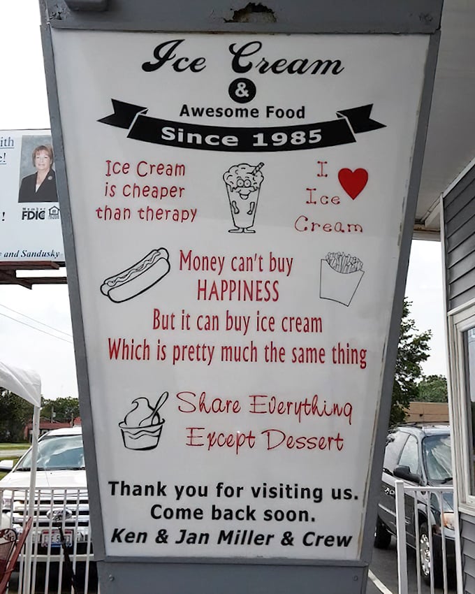 A sign that speaks the universal truth: ice cream is indeed cheaper than therapy, and the results are immediately noticeable.