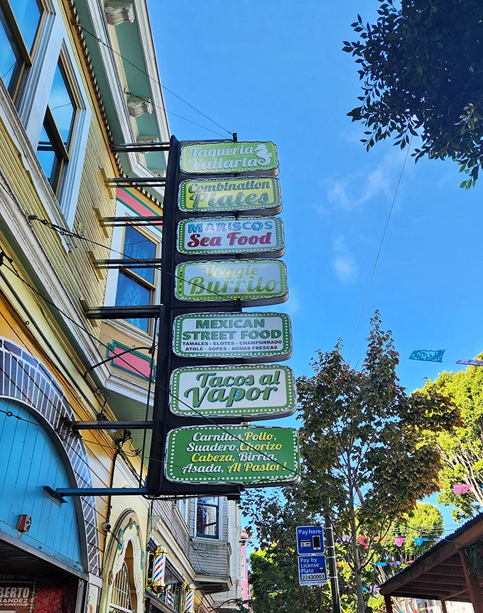 A vertical parade of promises &ndash; each sign on this pole represents a different path to happiness.