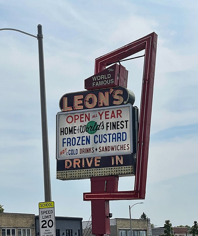 Vintage signage that's survived decades, proudly declaring Leon's commitment to frozen custard excellence.