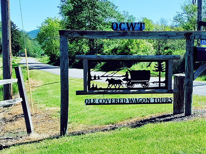 The entrance sign promises adventure without having to ford any rivers or repair broken axles. Oregon Trail players, eat your hearts out.