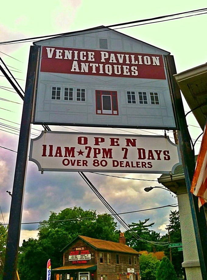 The sign promises "Over 80 Dealers" and seven-day access to this treasure trove. Like a Vegas casino, they've eliminated clocks so you'll lose track of time inside. 