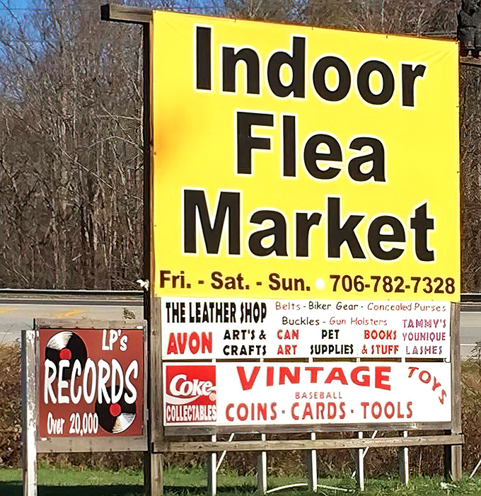 This roadside beacon has guided countless treasure seekers to vinyl records, vintage toys, and unexpected finds. The yellow sign practically screams "Adventure Inside!"