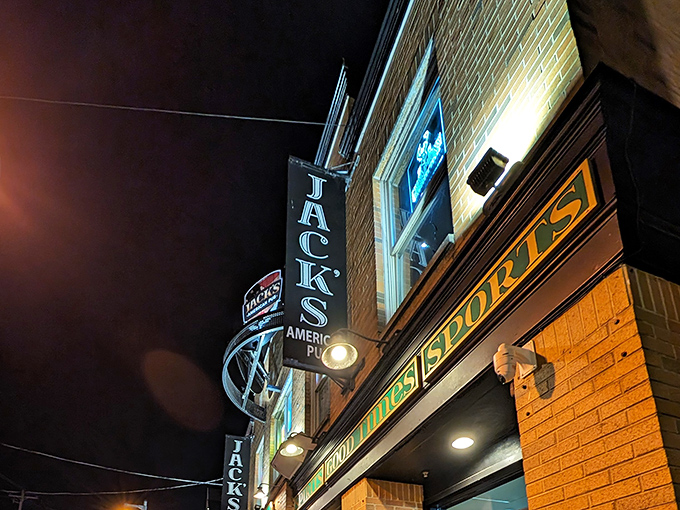 After dark, Jack's illuminated signage serves as a North Star for hungry revelers navigating Brady Street's vibrant nightlife scene.