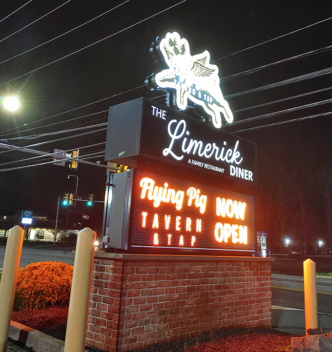 The illuminated flying pig sign glows like a nocturnal North Star, guiding hungry travelers to their delicious destination.