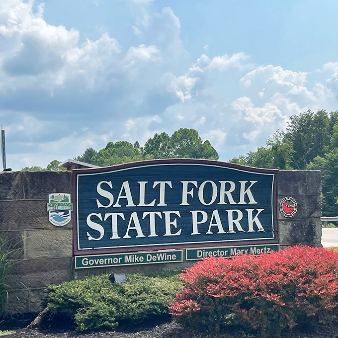 The gateway to adventure&mdash;Salt Fork's entrance sign welcomes visitors to Ohio's largest state park with understated elegance.
