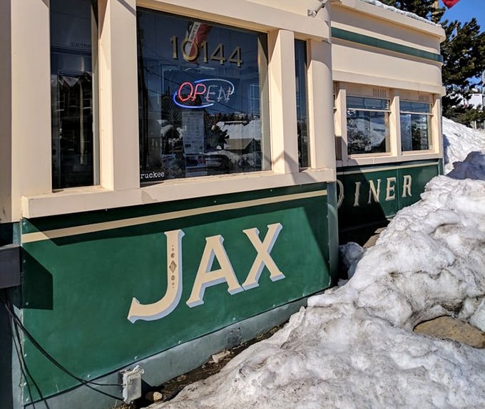 Even in winter, Jax's welcoming signage cuts through the snow like a beacon for the breakfast-deprived traveler.