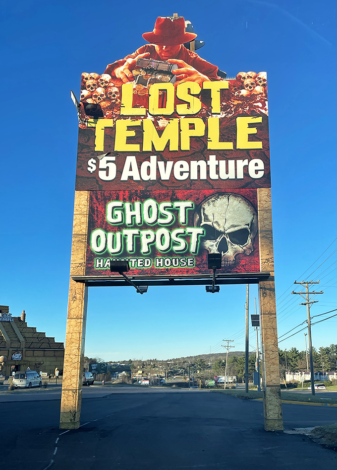 The roadside sign promises "$5 Adventure" and a haunted house. In the tourism economy, that's what we call the ultimate two-for-one special.