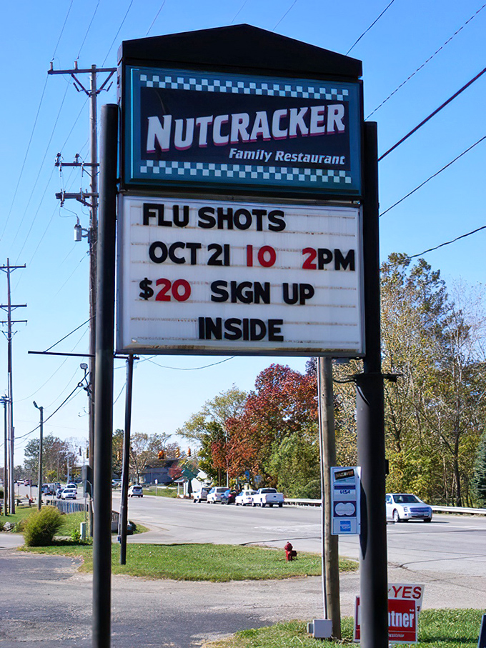 The roadside sign that does double duty&mdash;advertising both comfort food and flu shots. Only in a true community gathering place!