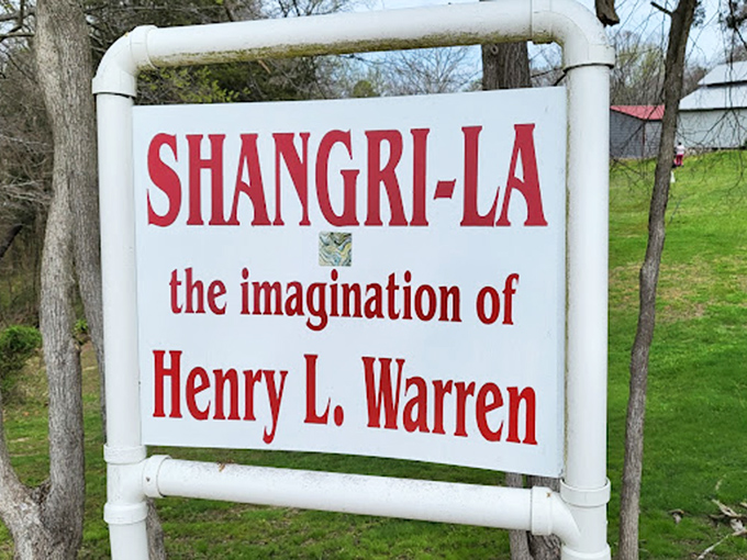 A closer look at the sign for Shangri-La. Like the fictional paradise it's named for, this miniature stone village exists in its own perfect, timeless bubble. 