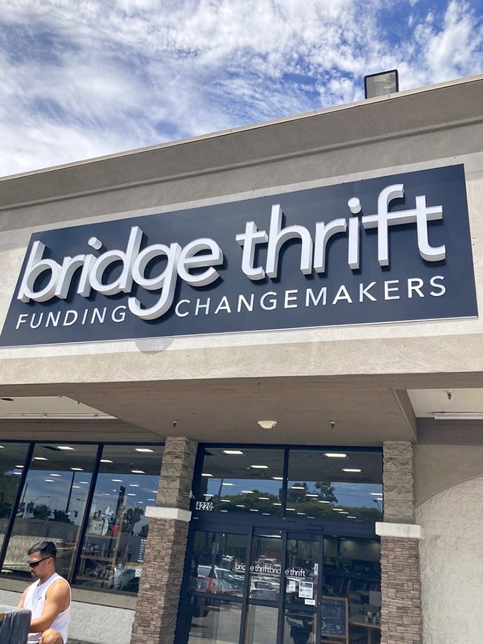 The Bridge Thrift sign stands proud against the California sky, a beacon for bargain hunters and sustainability champions alike.