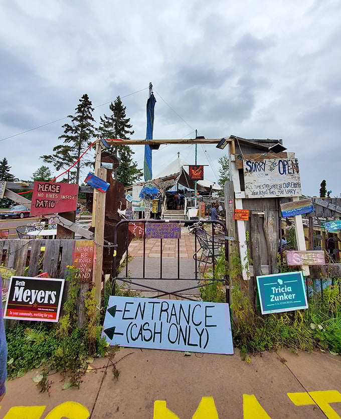 Follow the signs to find your bliss. The entrance announces itself with characteristic humor and a cash-only policy that feels refreshingly old-school.