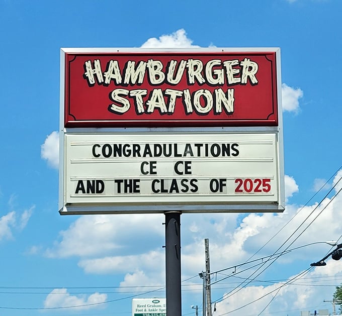 A sign that celebrates both burgers and community milestones. When your local burger joint knows what matters beyond the meal.