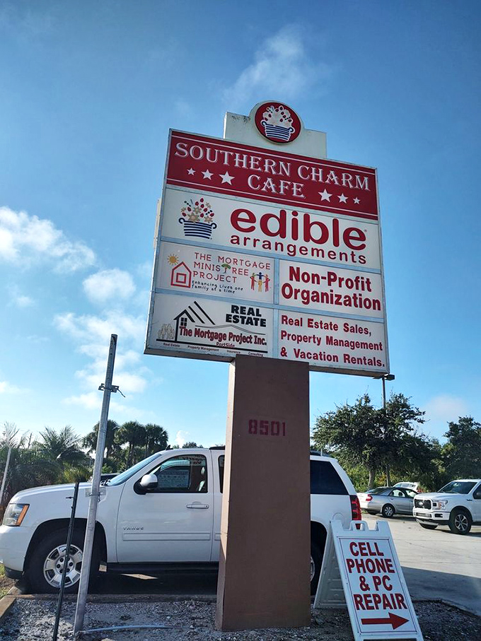 Bold signage announces this hidden gem where Southern Charm Cafe delivers exactly what the name promises daily.