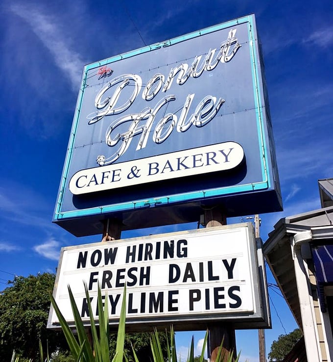 The neon sign glows against the Florida sky like a beacon of hope for the hungry. Fresh key lime pies daily? Yes, please.