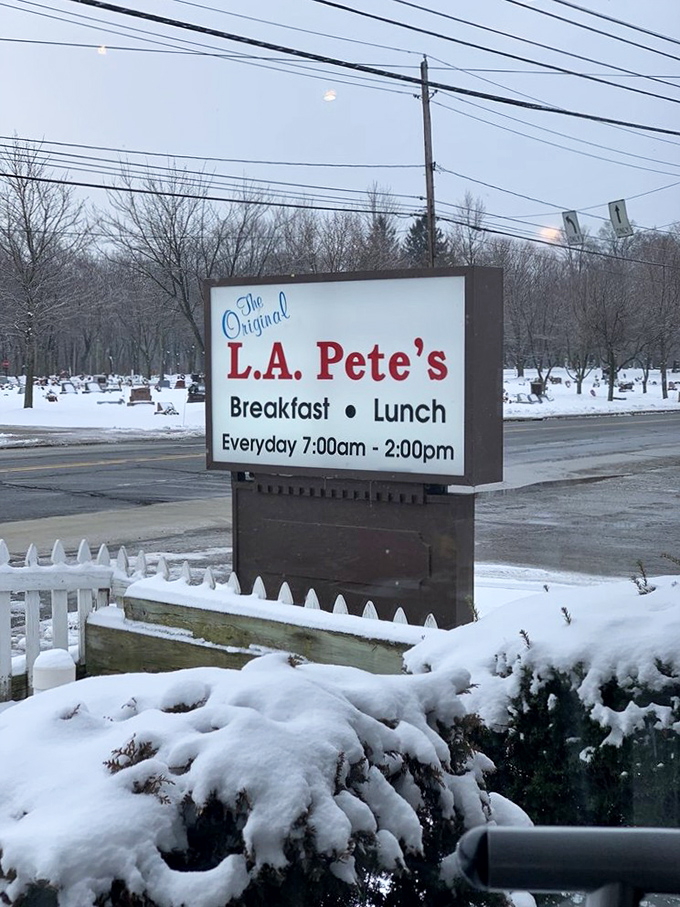 Even in winter, L.A. Pete's sign shines through the snow. Some breakfast destinations are worth braving the elements for.