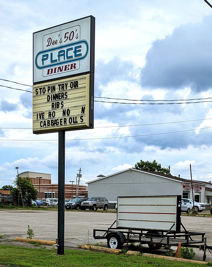 A sign that doesn't just advertise&mdash;it beckons. "Stop in try our dinners" isn't just an invitation&mdash;it's the best advice you'll get all day.