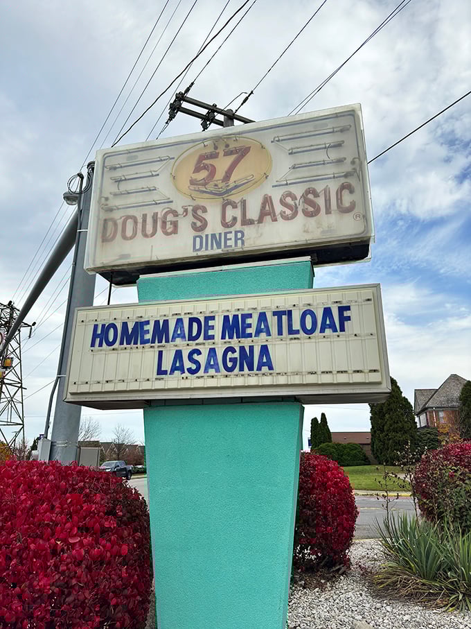 The sign promises homemade meatloaf and lasagna, but what it's really advertising is a portal to simpler times and satisfied appetites.
