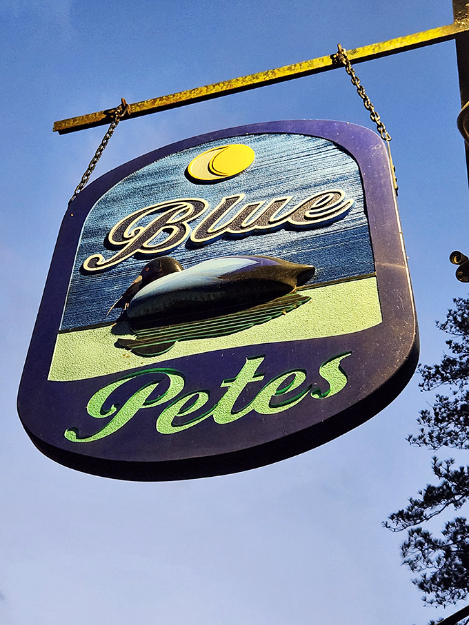 The sign says it all: Blue Pete's, where even the logo looks like it's been catching rays since the '70s.