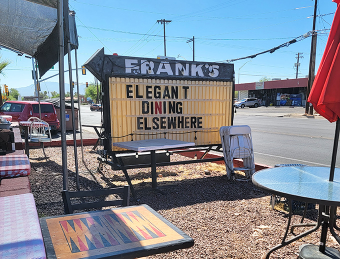 "Elegant Dining Elsewhere" proclaims the sign with refreshing honesty &ndash; Frank's knows exactly what it is, and that's why we love it.