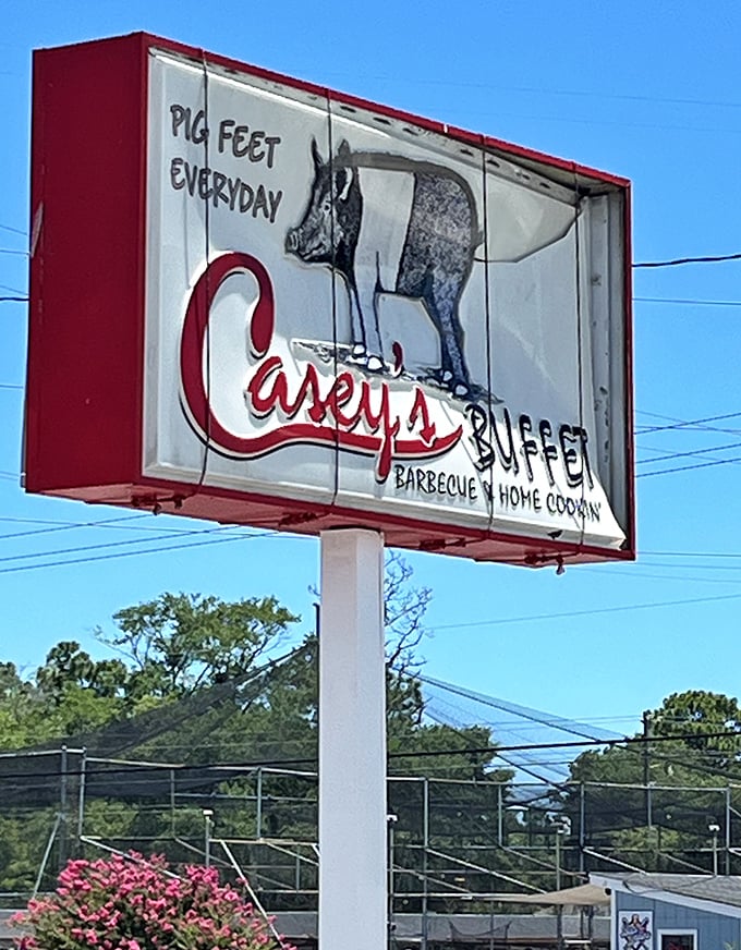 "Pig Feet Everyday" isn't just a sign&mdash;it's a declaration of authenticity. Casey's roadside marquee stands as a beacon for those seeking real Southern cooking.