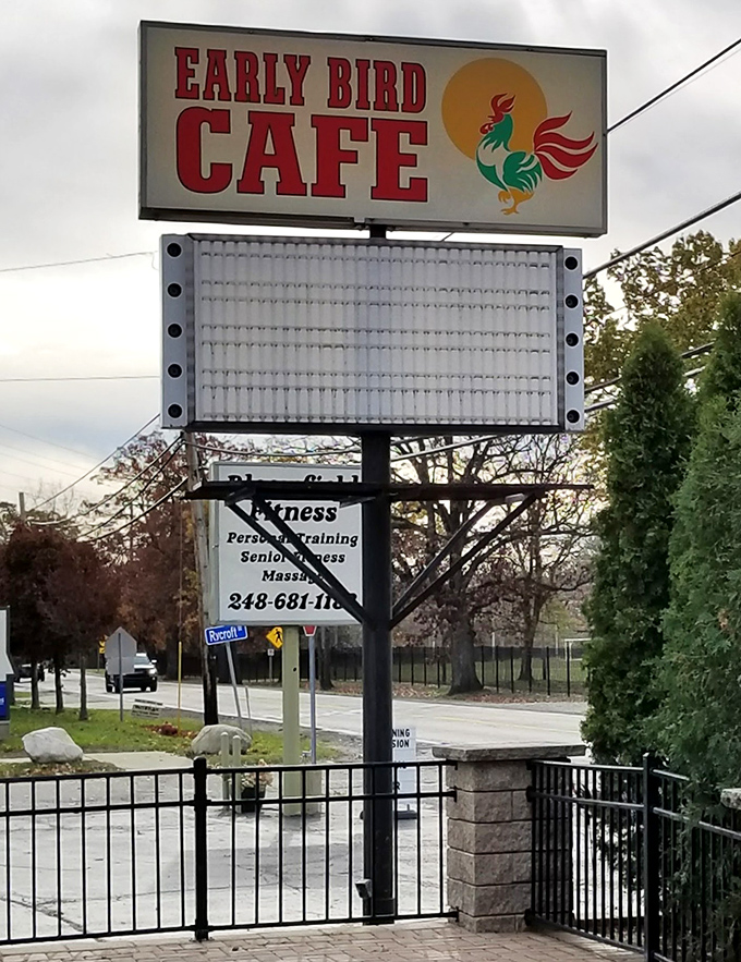 The iconic sign stands as a beacon to hungry travelers and locals alike, promising early morning salvation in the form of perfectly cooked breakfast classics.